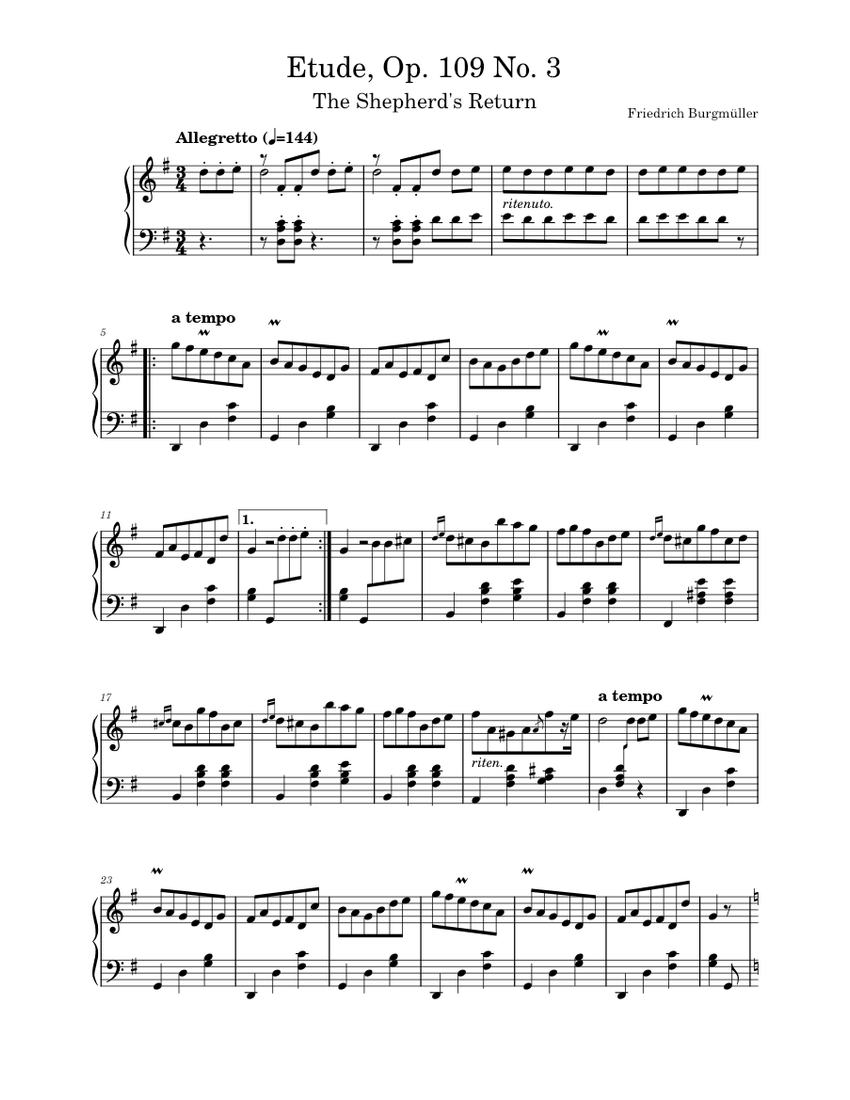 Etude, op. 109, No. 3 (Retour de Pâtre) – Friedrich Burgmüller Sheet ...