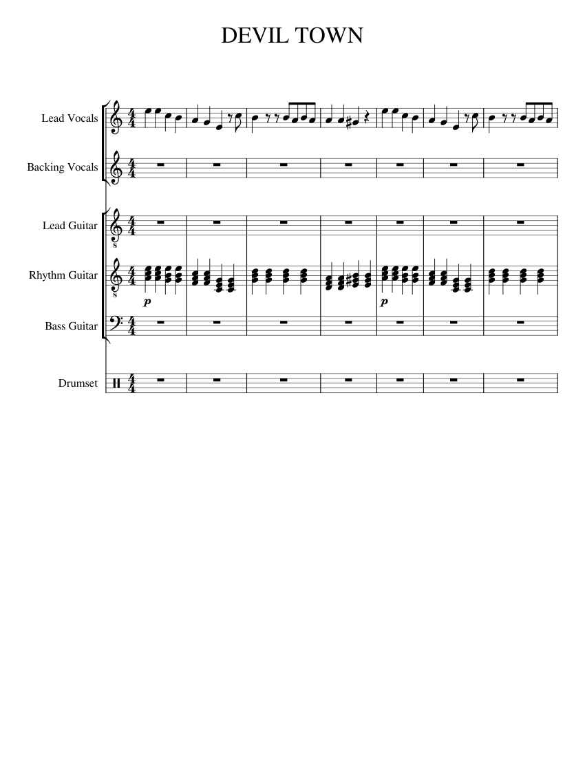 DEVIL TOWN W.I.P. Sheet music for Vocals, Guitar, Bass guitar, Drum ...
