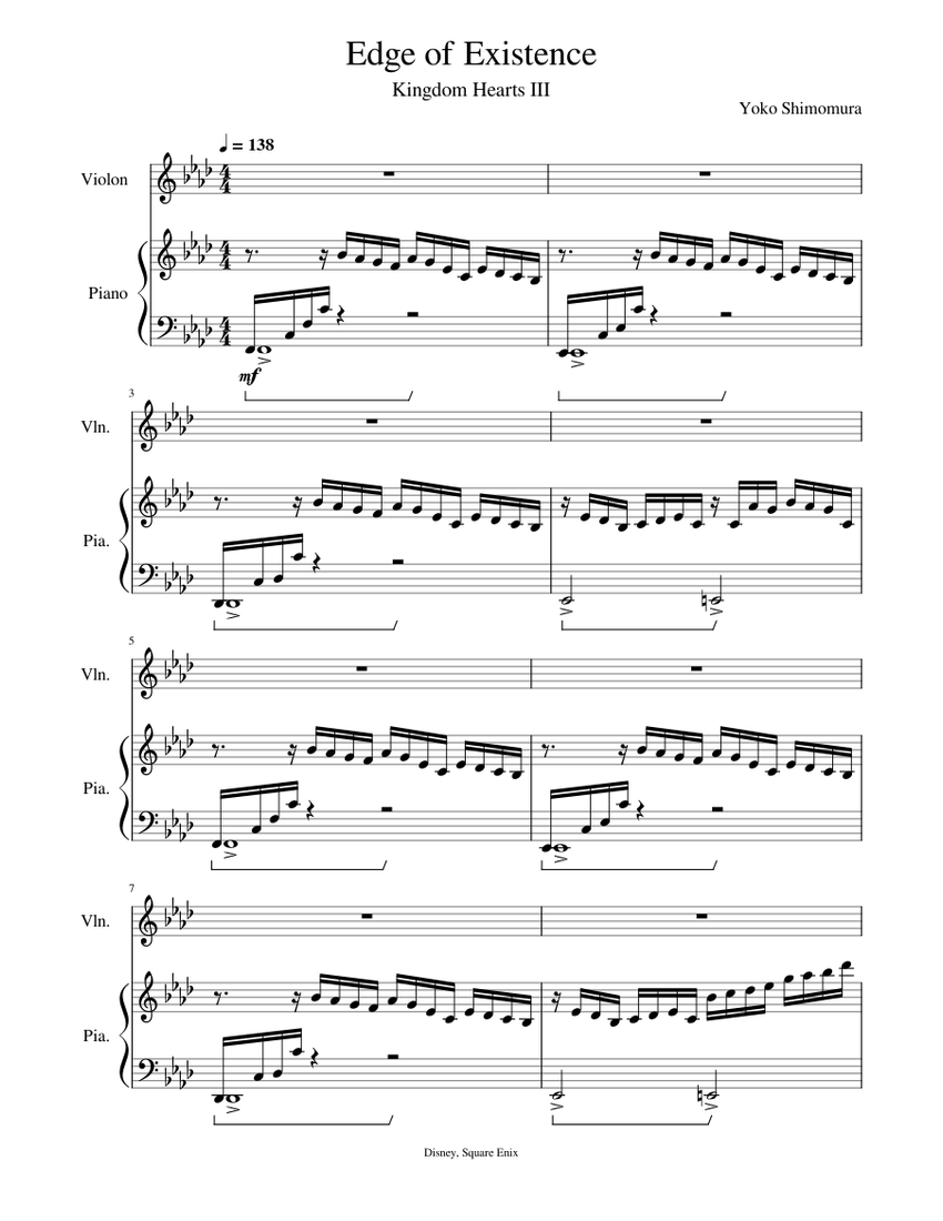 Edge of Existence - Kingdom Hearts III OST – Yoko Shimomura Sheet Music for Piano, Violin (Mixed ...