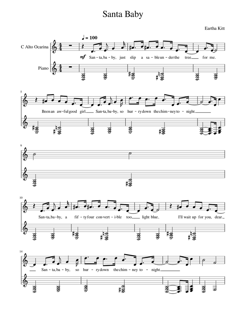 Santa Baby – Eartha Kitt Sheet Music for Piano, Flute other (Piano ...