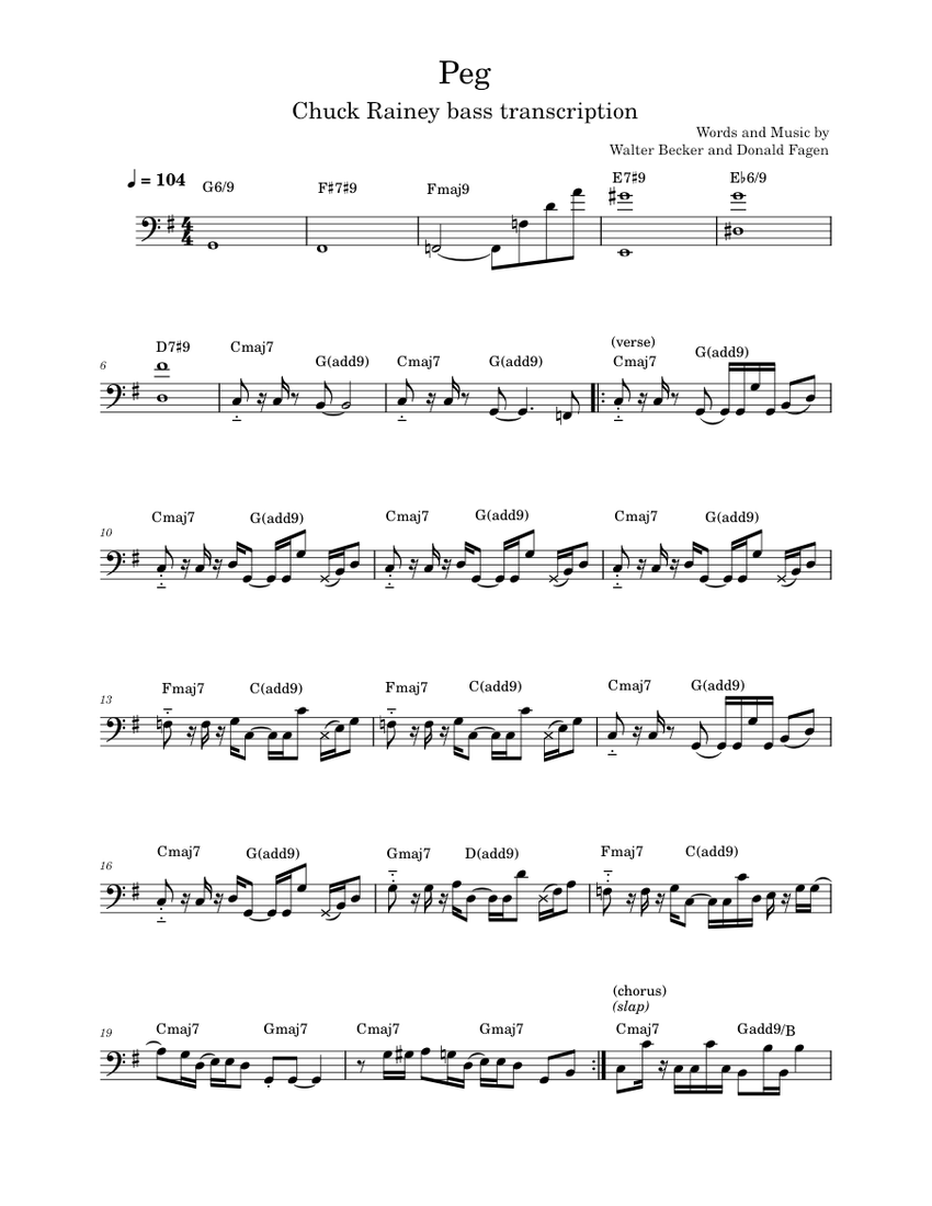 Peg - Chuck Rainey bass transcription Sheet Music with Chords for Bass ...
