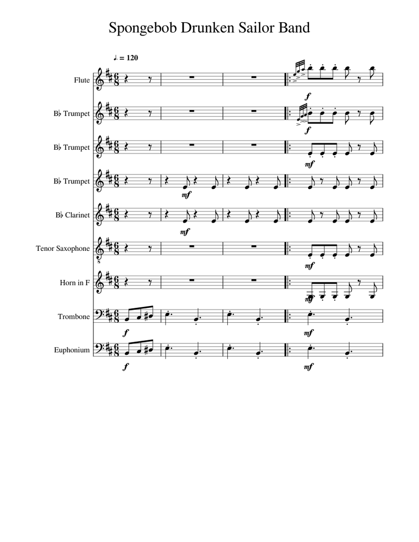 Spongebob Drunken Sailor Sheet Music for Trombone, Euphonium, Flute ...