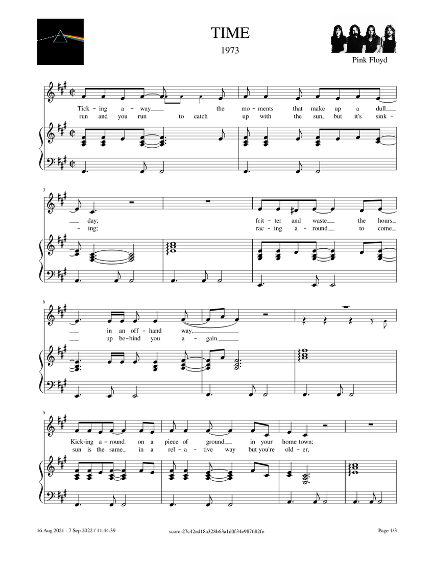 Time – Pink Floyd Sheet Music for Piano, Vocals (Piano-Voice ...