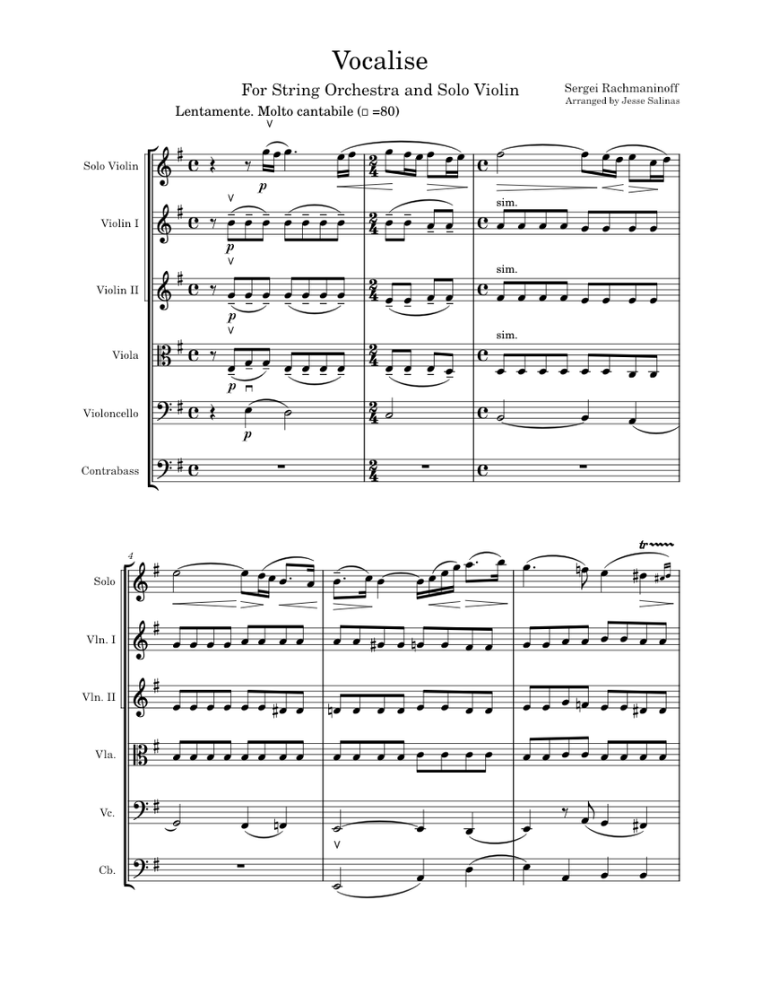 Vocalise for String Orchestra and Solo Violin Sheet Music for ...