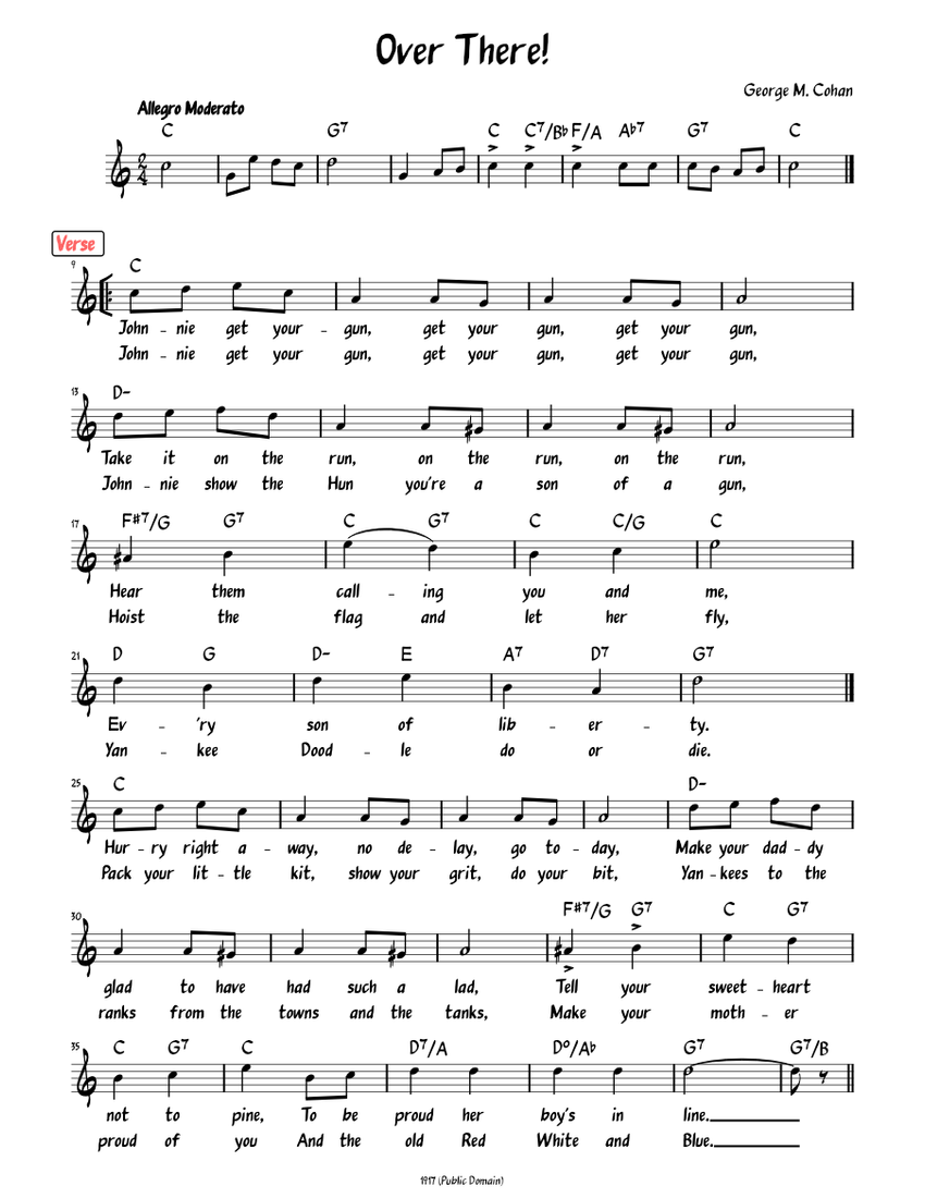 Over There (Lead sheet with lyrics and verse) Sheet Music with Chords ...