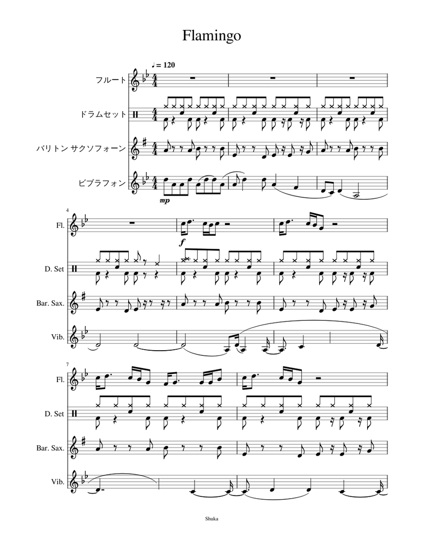 Flamingo Sheet music for Flute, Saxophone baritone, Vibraphone, Drum ...