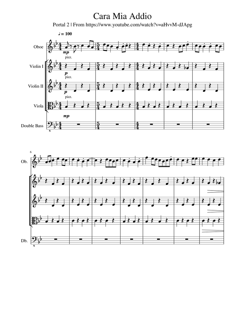 Cara Mia Addio Sheet music for Oboe, Contrabass, Violin, Viola (Mixed Quintet) | Musescore.com