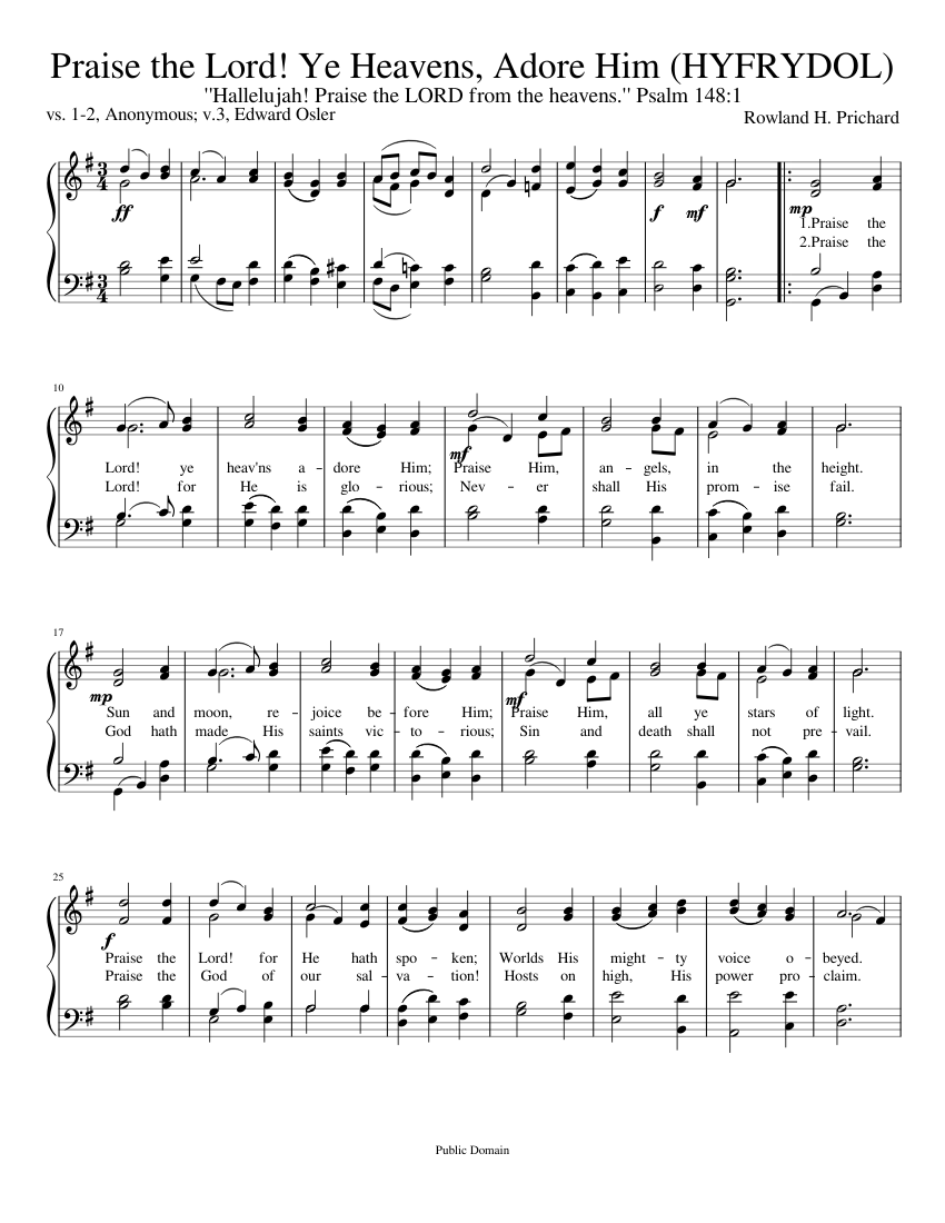 Praise the Lord! Ye Heavens, Adore Him (HYFRYDOL) Sheet Music for Piano ...