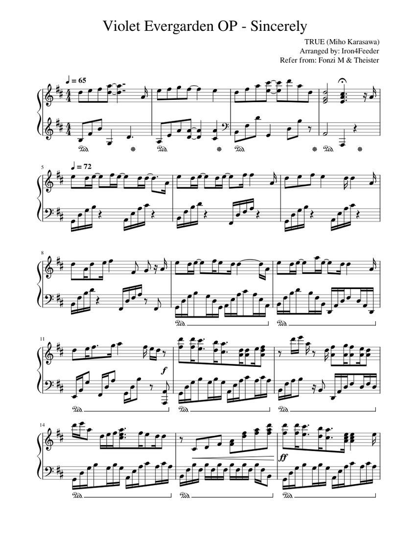 Violet Evergarden opening - Sincerely (short + simplified) Sheet Music ...