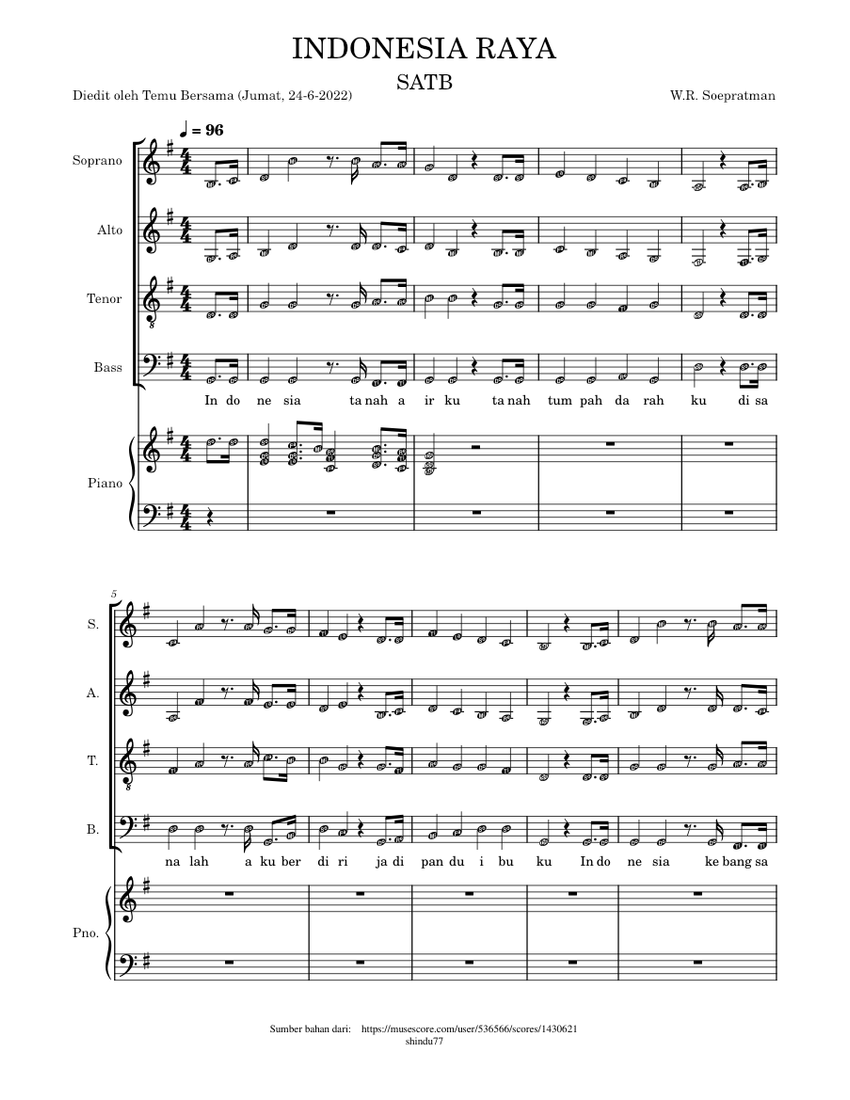 Temu Bersama Indonesia Raya SATB temubersama Sheet music for Piano ...