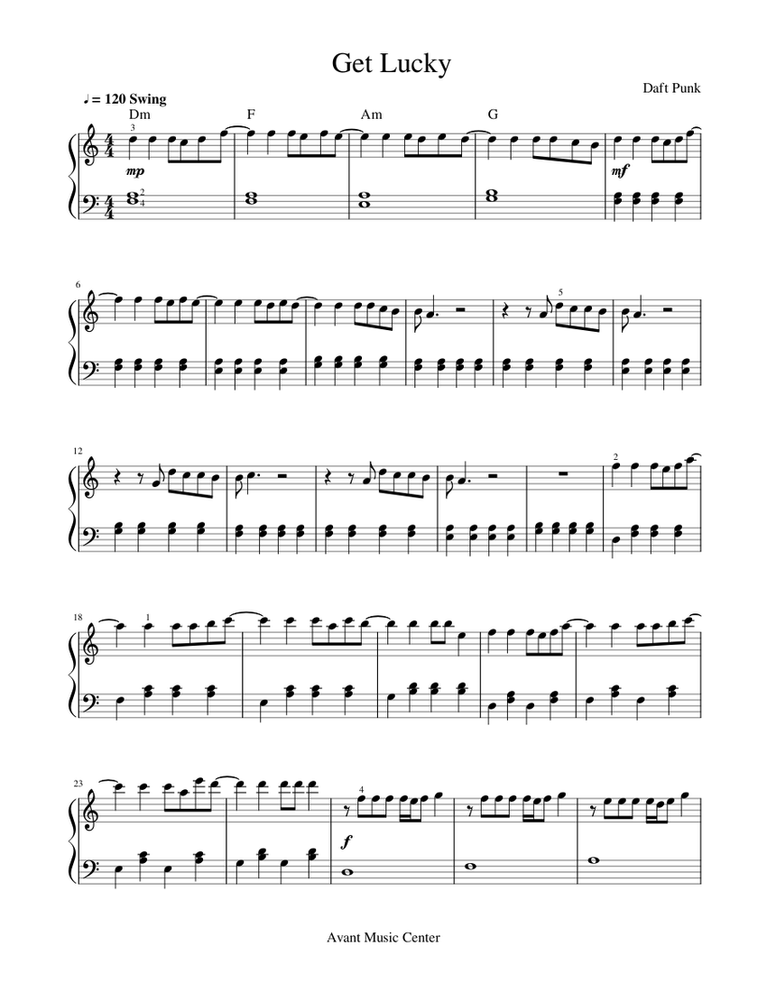 Get Lucky piano BEGINNER swing Sheet Music for Piano (Solo) Easy ...