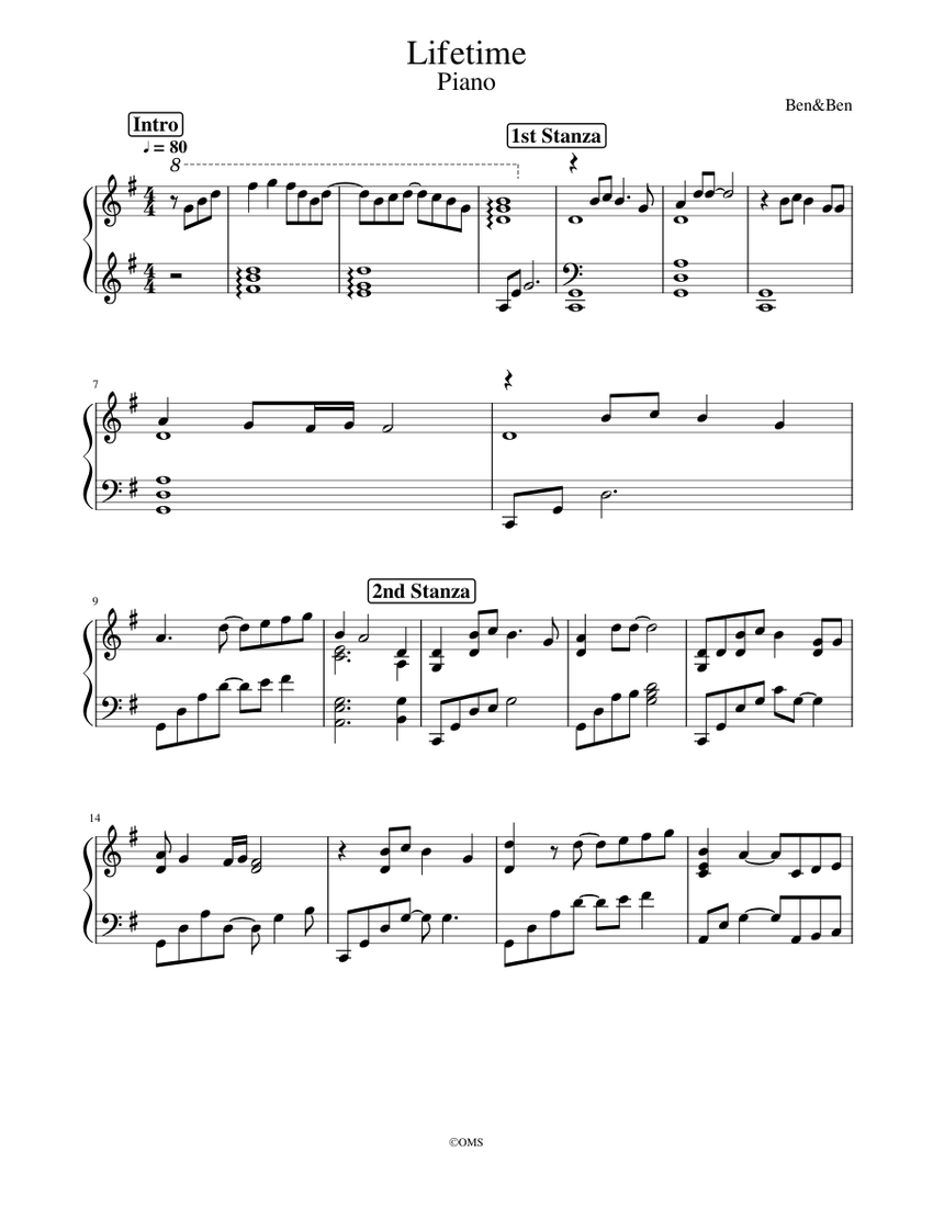 Lifetime Ben and Ben Piano || OPM Sheet Music for Piano (Solo) easy ...