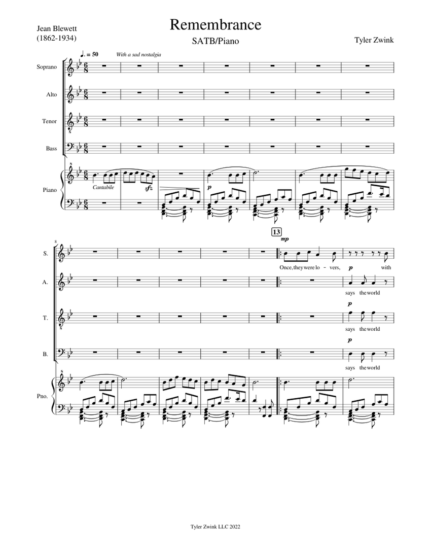 Remembrance- Tyler Zwink Sheet music for Piano, Soprano, Alto, Tenor ...