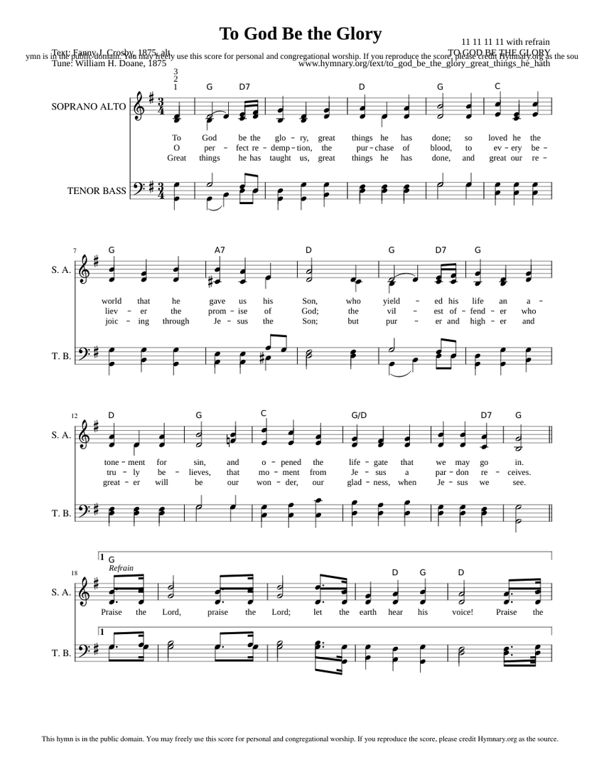 To God Be the Glory - Fanny Crosby Sheet music for Piano, Soprano ...