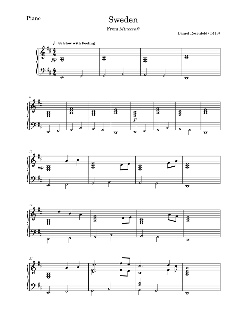 Sweden – C418 (Minecraft) Sheet music for Piano (Solo) Easy | Musescore.com