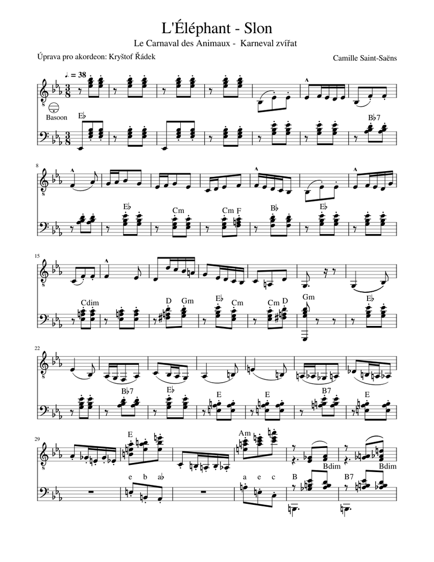 Camille Saint Saëns - The Elephant Sheet Music with Chords for Piano ...