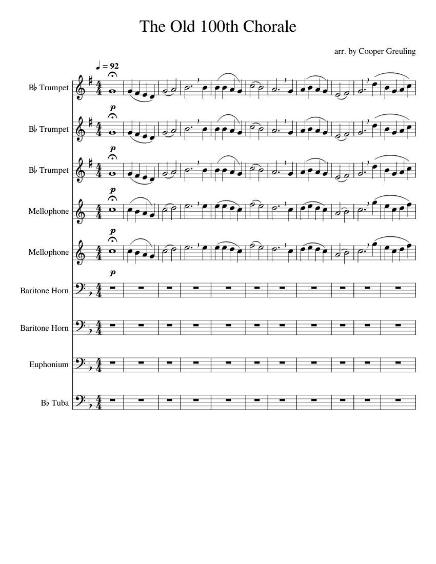 The Old 100th Chorale Sheet Music for Euphonium, Tuba, Mellophone ...