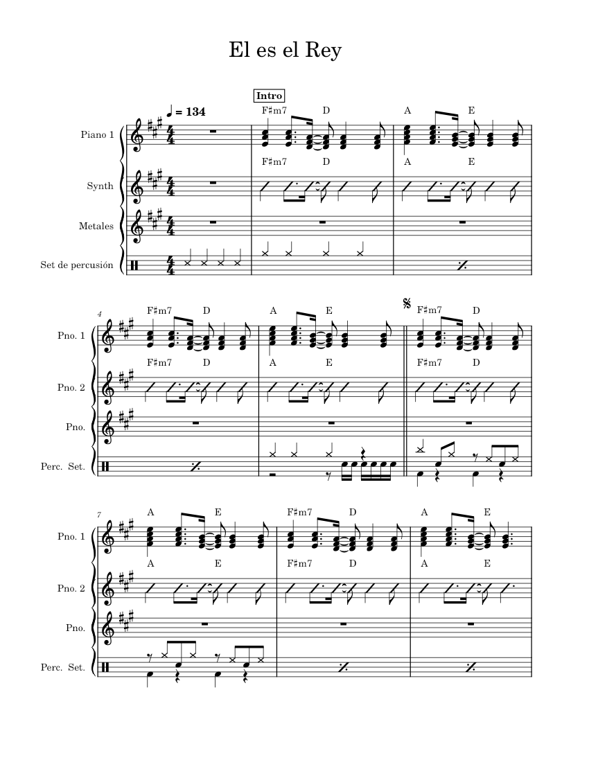 El es el Rey en F#m Sheet Music for Piano, Drum group (Mixed Quartet ...