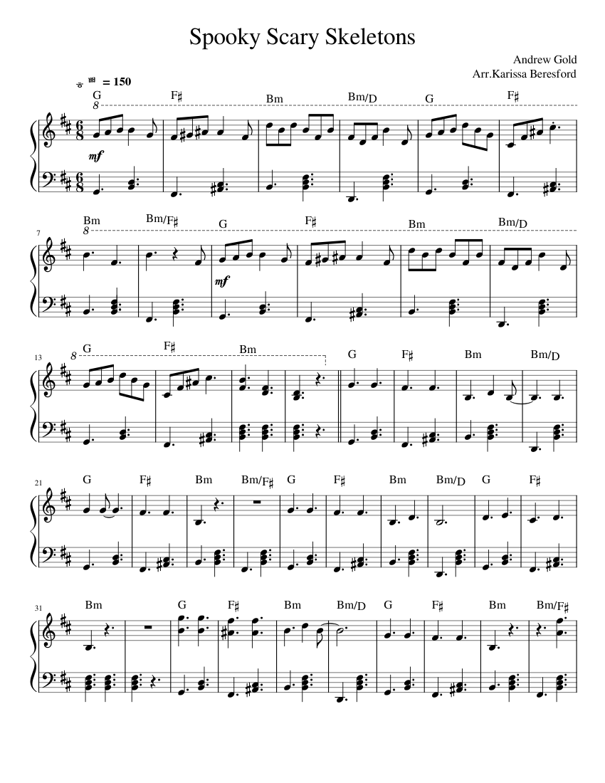Spooky Scary Skeletons for Easy Piano Sheet Music with Chords for Piano ...
