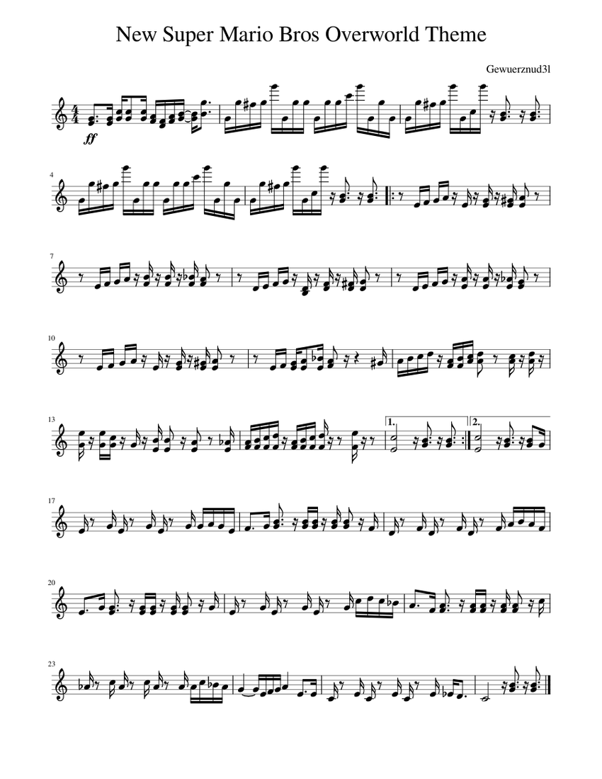 Overworld Theme - New Super Mario Bros. Wii - Koji Kondo Sheet Music ...