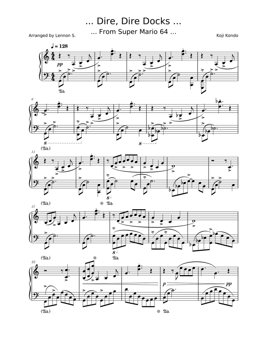 Dire, Dire Docks – Koji Kondo (from Mario 64) Sheet music for Piano ...