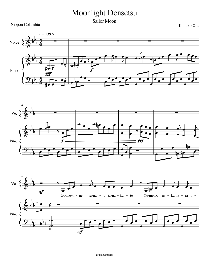 Moonlight Densetsu (Sailor Moon Intro) Sheet Music for Piano (Piano Duo ...