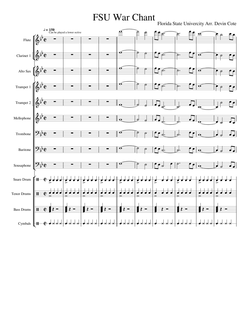 FSU War Chant Sheet Music for Trombone, Mellophone, Flute, Clarinet in ...