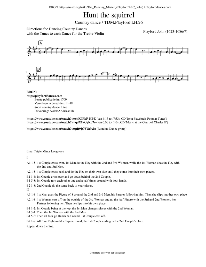 Hunt the squirrel (TDM.Playford.I.H.26) Sheet Music for Violin (Solo ...