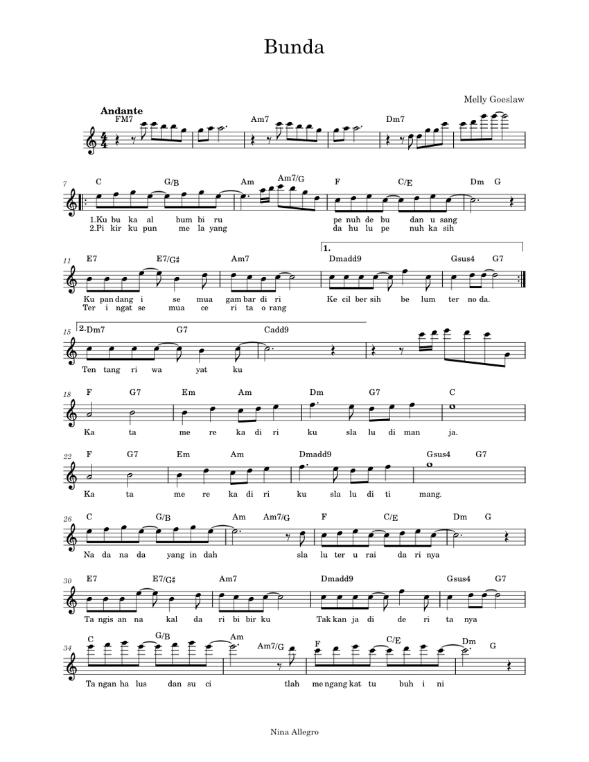 Bunda – Melly Goeslaw Sheet Music for Piano (Solo) easy | MuseScore.com