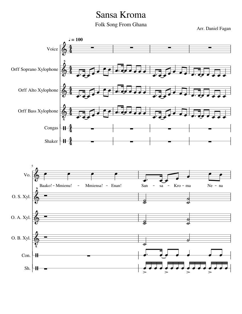 Sansa Kroma Sheet Music for Vocals, Xylophone, Conga (Mixed Quintet ...