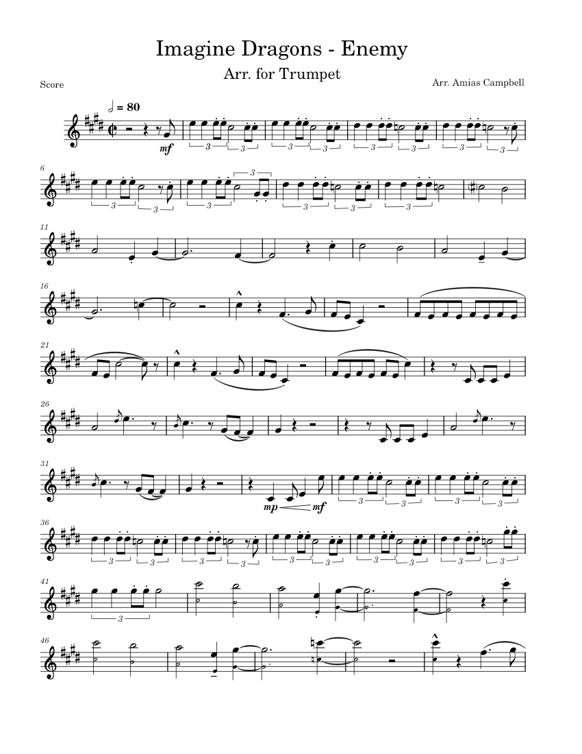 Imagine Dragons - Enemy, Arr. for Trumpet Sheet music for Trumpet in b ...