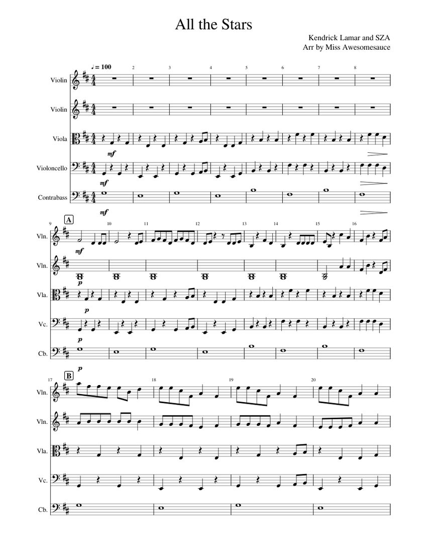 All the Stars Sheet music for Contrabass, Violin, Viola, Cello (String ...