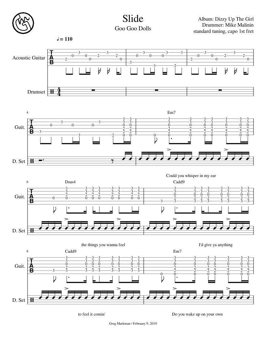 Slide - Goo Goo Dolls Sheet Music and Tab for Guitar, Drum group (Mixed ...