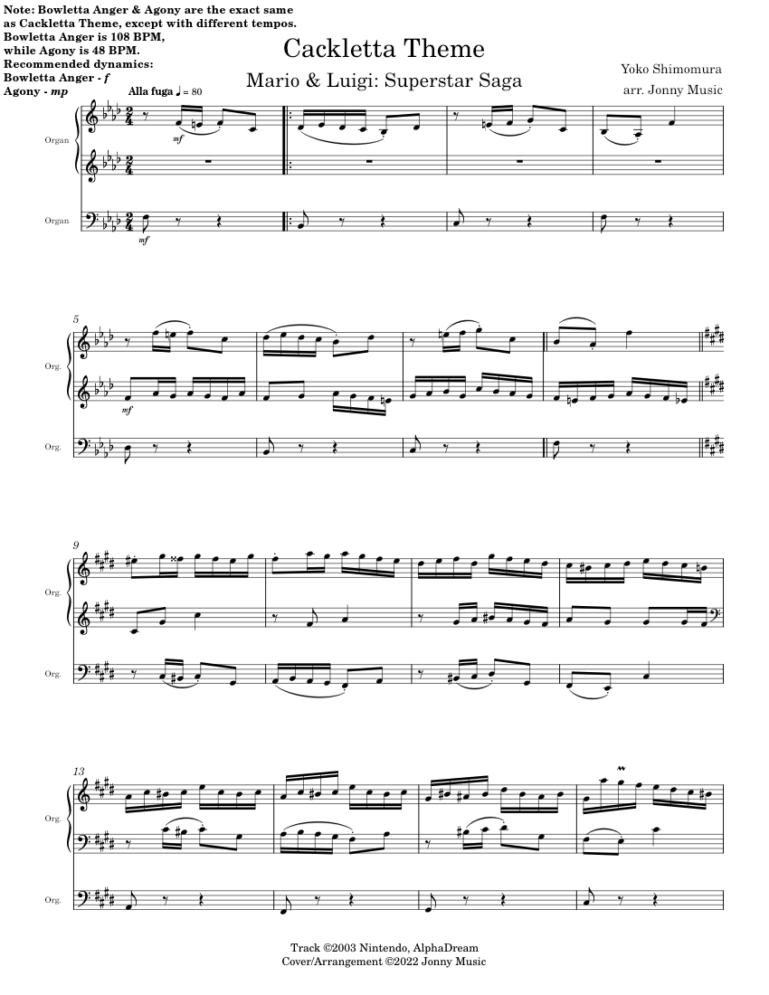 Cackletta Theme (Mario & Luigi: Superstar Saga) Organ Cover Sheet Music ...