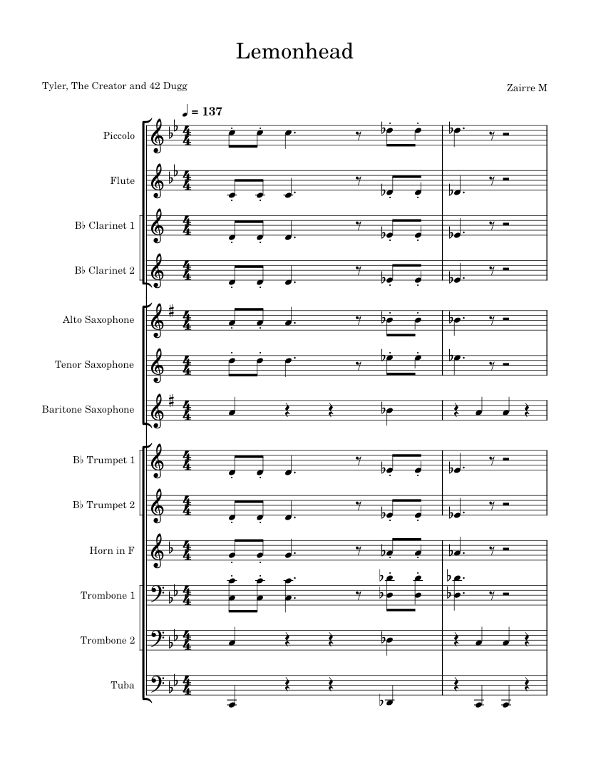 LEMONHEAD – Tyler, The Creator Lemonhead Sheet Music for Trombone, Tuba ...