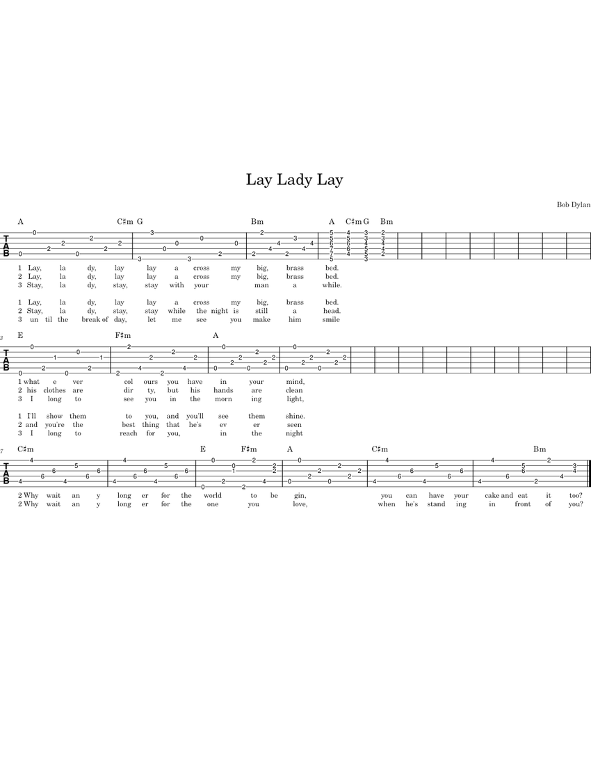 Lay Lady Lay Sheet Music and Tab with Chords for Guitar (Solo ...