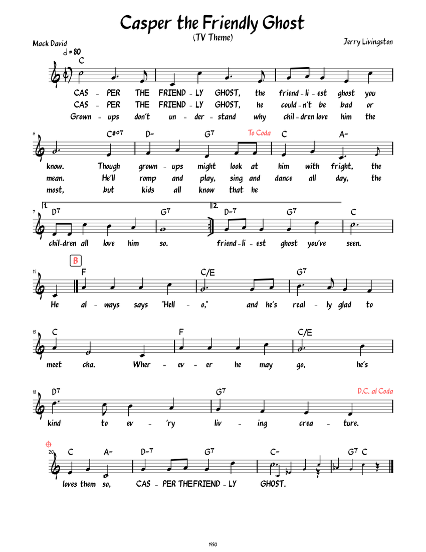 Casper The Friendly Ghost (Lead sheet with lyrics ) Sheet Music with ...