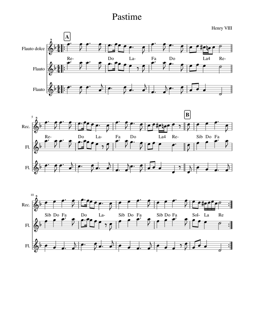 Pastime Sheet Music with Chords for Flute, Recorder (Mixed Trio ...