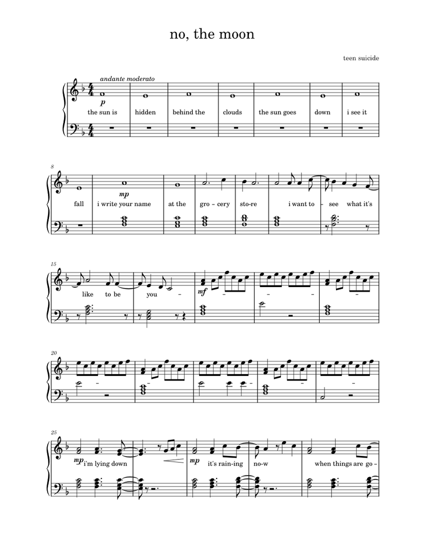 no, the moon - teen suicide Sheet Music for Piano (Solo) Easy ...