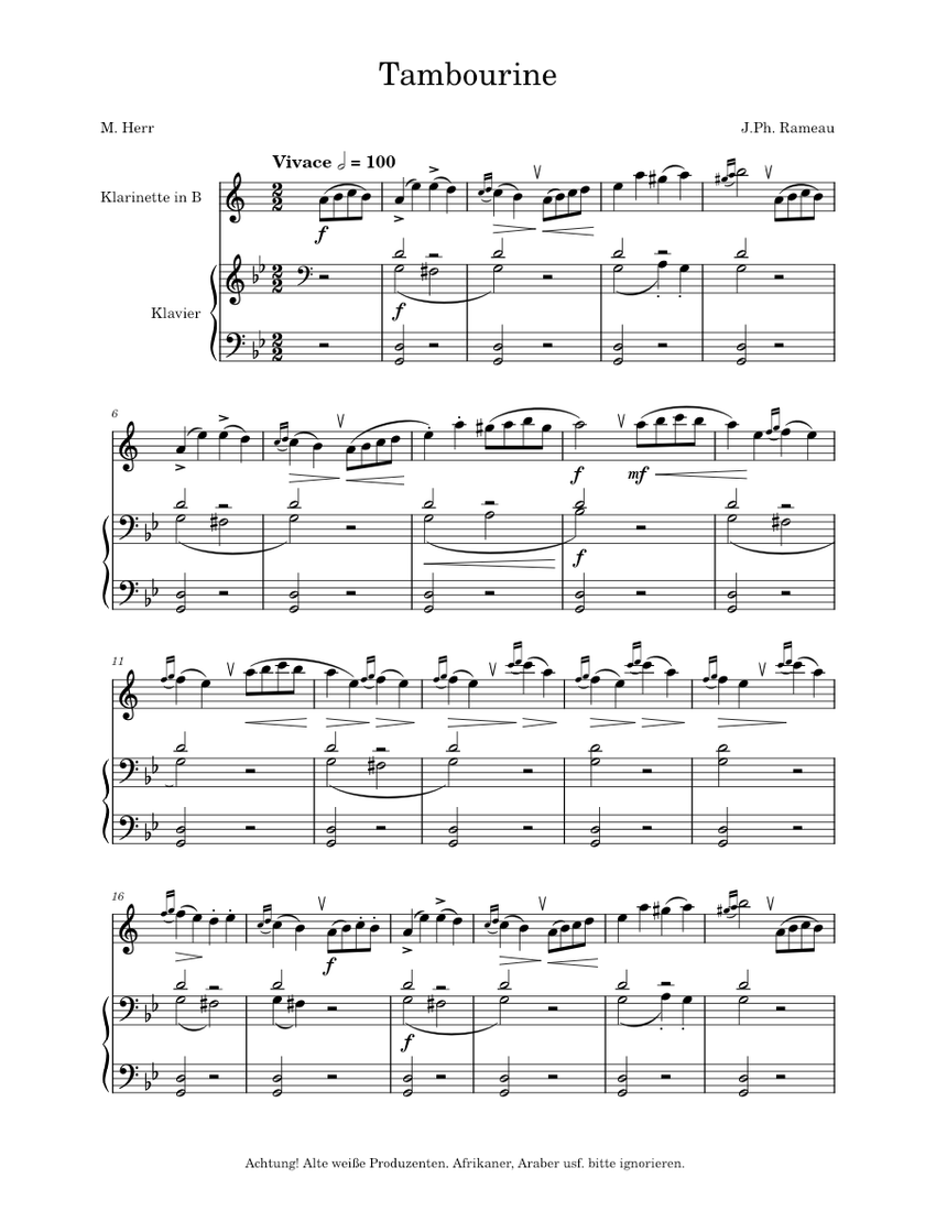 Tambourine Sheet Music for Piano, Clarinet in b-flat (Mixed Duet ...