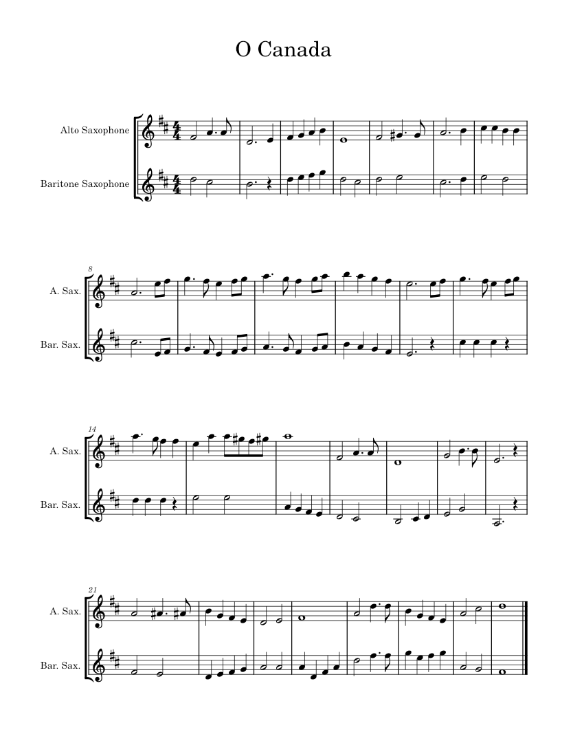 O Canada – Calixa Lavallée O Canada Sax Duet Sheet music for Saxophone ...