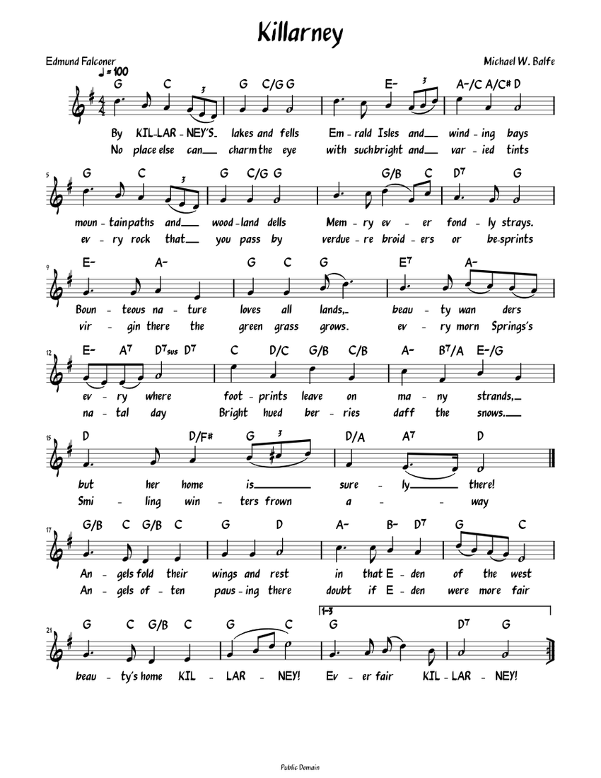 Killarney (Lead sheet with lyrics ) Sheet Music with Chords for Piano ...
