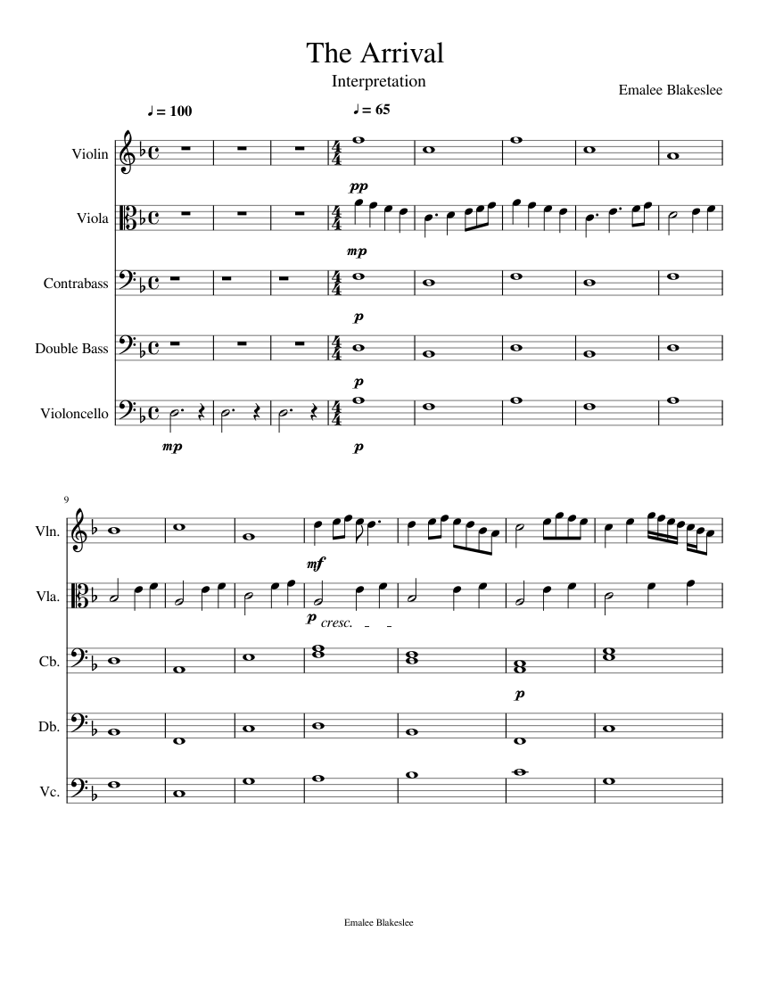 The Arrival Sheet music for Contrabass, Violin, Viola, Cello (Mixed ...