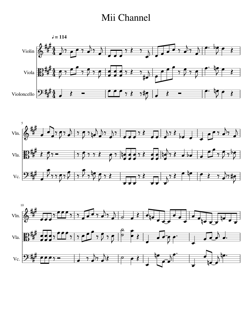 Mii Channel Sheet Music for Violin, Viola, Cello (String Trio ...