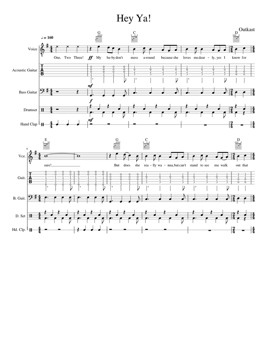 Hey Ya! Sheet Music and Tab with Chords for Piano, Vocals, Guitar, Bass ...