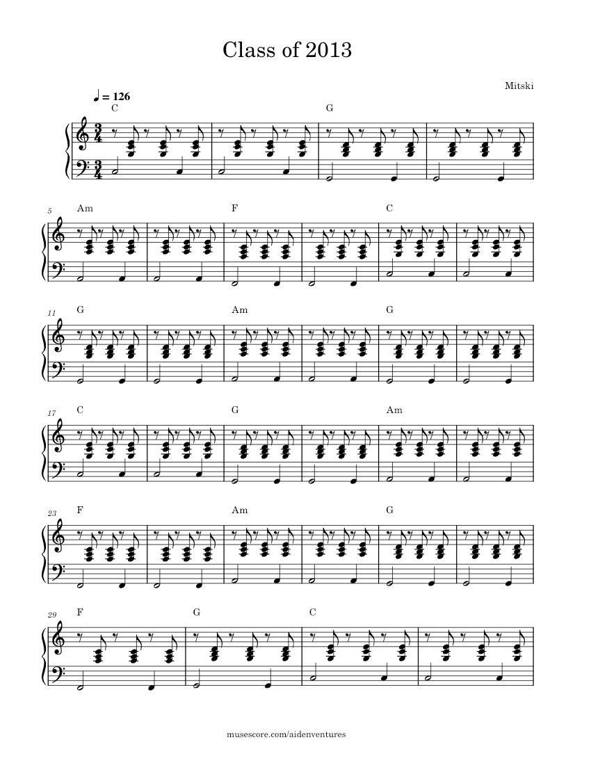 Class Of 2013 - Mitski Sheet Music with Chords for Piano (Solo) easy ...