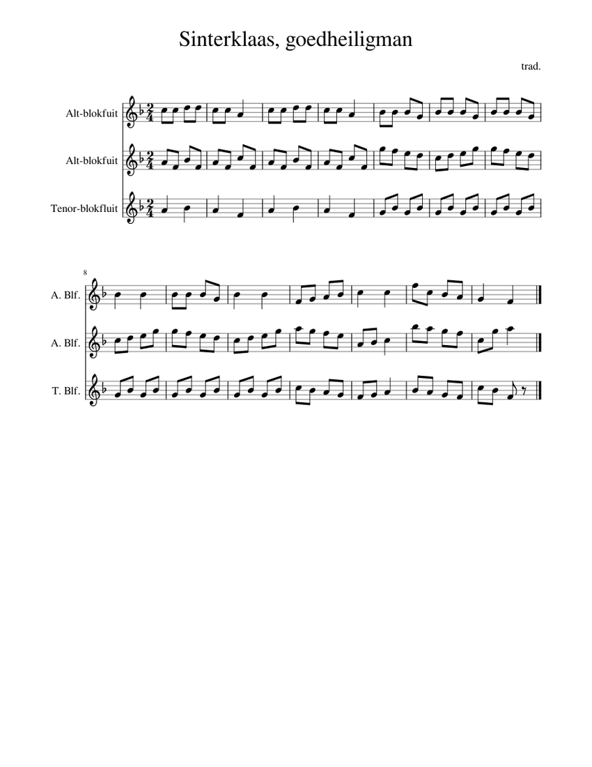 Sinterklaas, goedheiligman - for AAT recorders Sheet music for Recorder ...