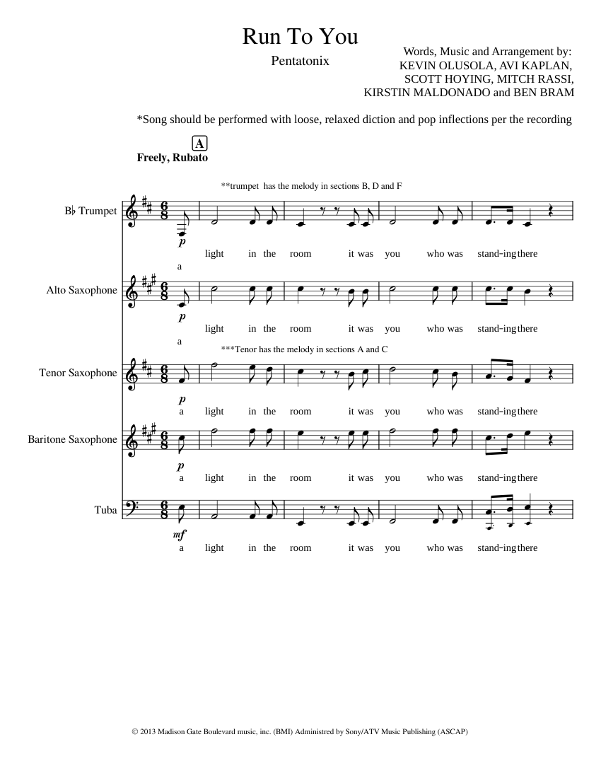 Run_To_You_NOOMA2 Sheet music for Tuba, Saxophone alto, Saxophone tenor ...
