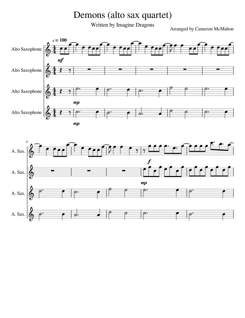 Demons by Imagine Dragons Alto Sax Quartet Sheet Music for Saxophone ...