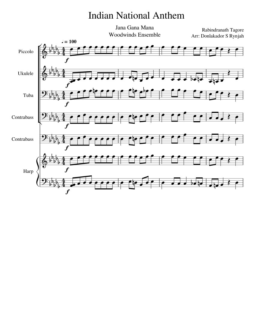 Indian_National_Anthem Sheet music for Tuba, Flute piccolo, Contrabass ...
